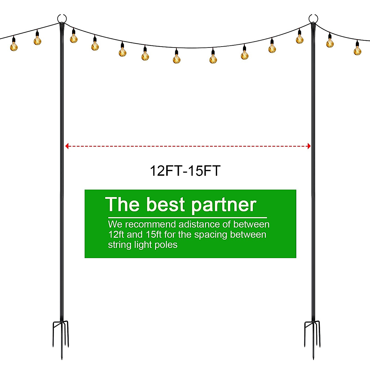Xflism Outdoor 9FT Metal Poles with Hooks for Hanging String Lights 2 Pack - Garden, Backyard, Patio Lighting Stand for Parties, Wedding, Black