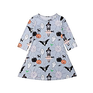 1-6T Toddler Kids Baby Girls Halloween Outfits Ghost Pumpkin Print Long Sleeve Dress Winter Clothes (Blue, 5-6 T)