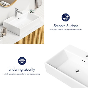 24" x 16" Bathroom Sink Vessel Rectangle, Eridanus Hang Wall Mount Sinks Countertop Vanity Floating Trough Washbasin, Ceramic Porcelain Modern White Art Basin Bowl with Overflow