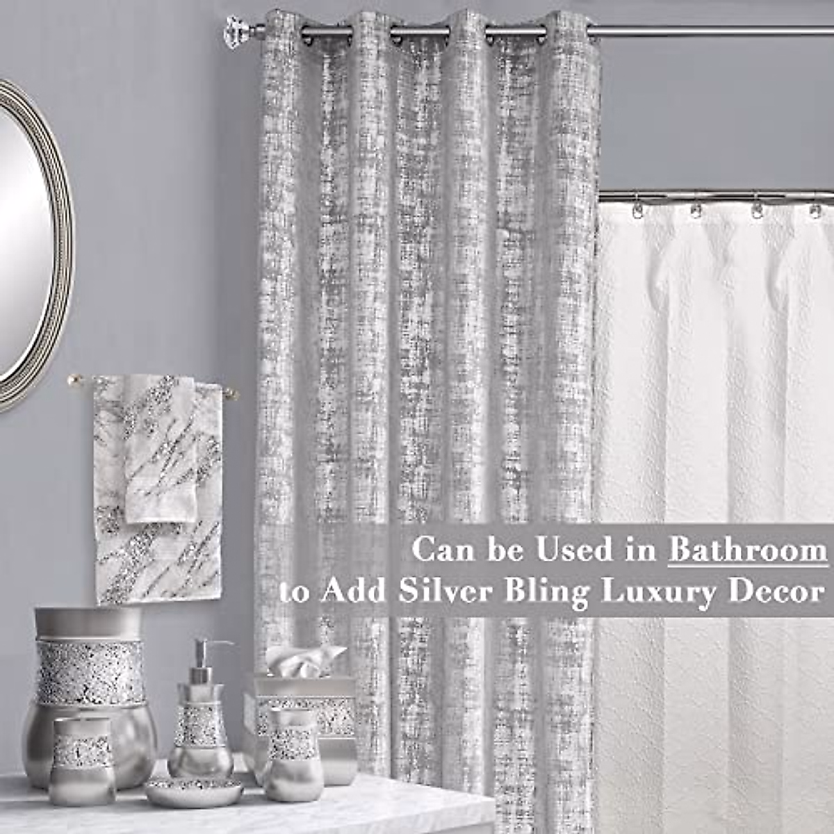 SHINELAND Extra Long Velvet Curtains 108 Inches Long for Living Room 2 Panels Grommet Grand Design 60% Blackout Pattern Curtains for Bedroom Luxury Bling Bathroom Door Doorway,Light Silver Grey