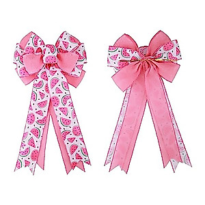 Meseey Large Watermelon Burlap Bow 20 x 10 Inch Red Pink and Green Summer Wreath Bows for Watermelon Themed Party, Birthday, Wedding, Party Decorations Supplies (Pink and Green)