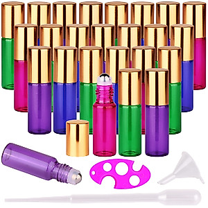 MaxMau 24 Pack Essential Oils Roller Bottles,5ml Roll On Bottles Colouful Glass Bottles Steel Roller Balls Metal Cap for Aromatherapy Perfume