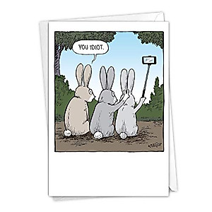 NobleWorks - 1 Humor Birthday Card with Envelope - Funny Cartoons for Birthday Greetings, Celebration Notecard - Bunny Selfies C2750BDG