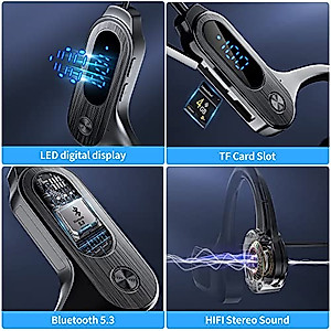 Bone Conduction Headphones, Sports Open Ear Wireless Bluetooth Headset with Microphone, LED Power Display TF Card Slot Sweatproof Earphones Bluetooth 5.3 for Running, Gym, Hiking, Cycling-Black