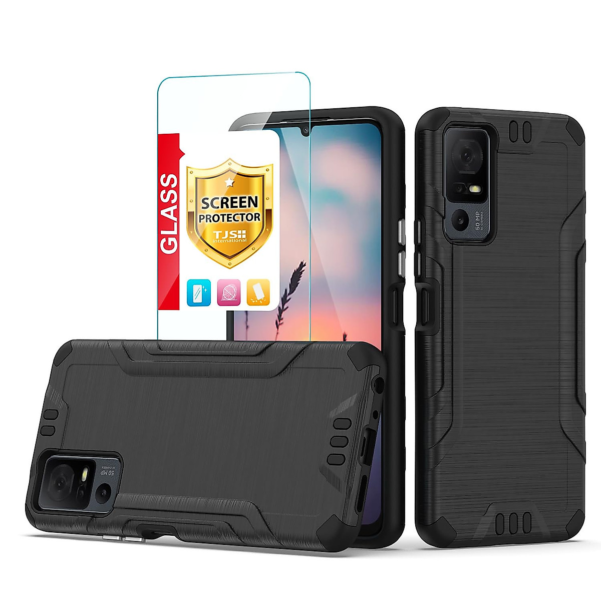 TJS Compatible for TCL 40 XL Case, TCL 40 T T608DL Case, Lively Jitterbug Smart4 Case, with Tempered Glass Screen Protector, Magnetic Support Hybrid Shockproof Metallic Brush Finish Phone Case (Black)