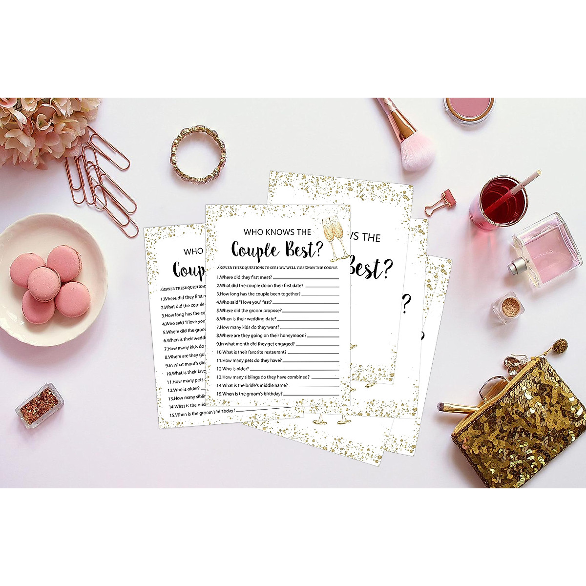 Who Knows The Couple Best Bridal Shower Game, Wedding Shower and Bachelorette Party - Set of 30 Cards, Gold Champagne Bridal Wedding Party Game Cards for Guests, Bridal Shower Party Decorations-LM1