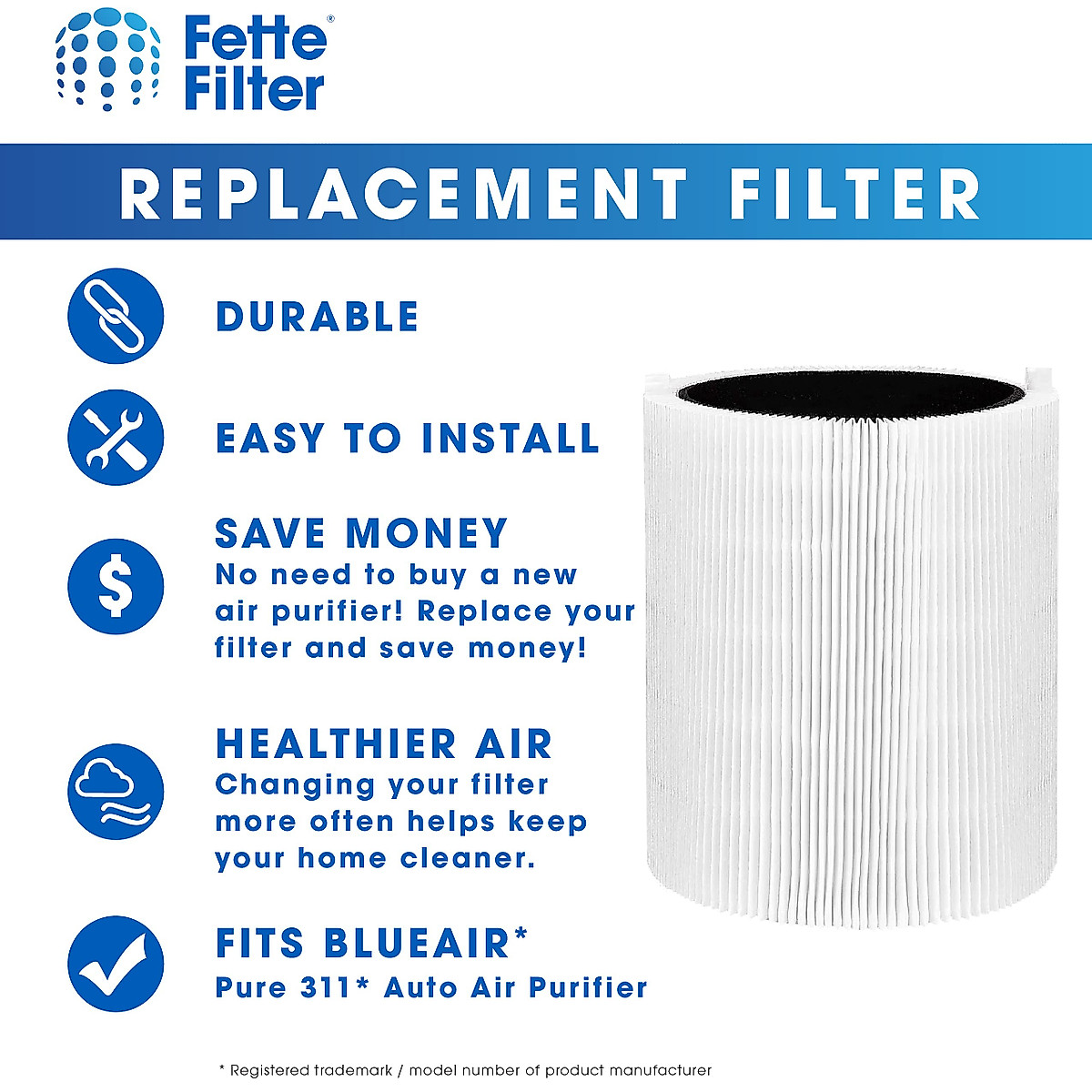 Fette Filter - 311 Air Purifier Replacement Filters, Compatible with Blueair Pure 311 High-efficiency 2-in-1 Filtration Systems, Particle Filter + Carbon Filter (Pack of 4)