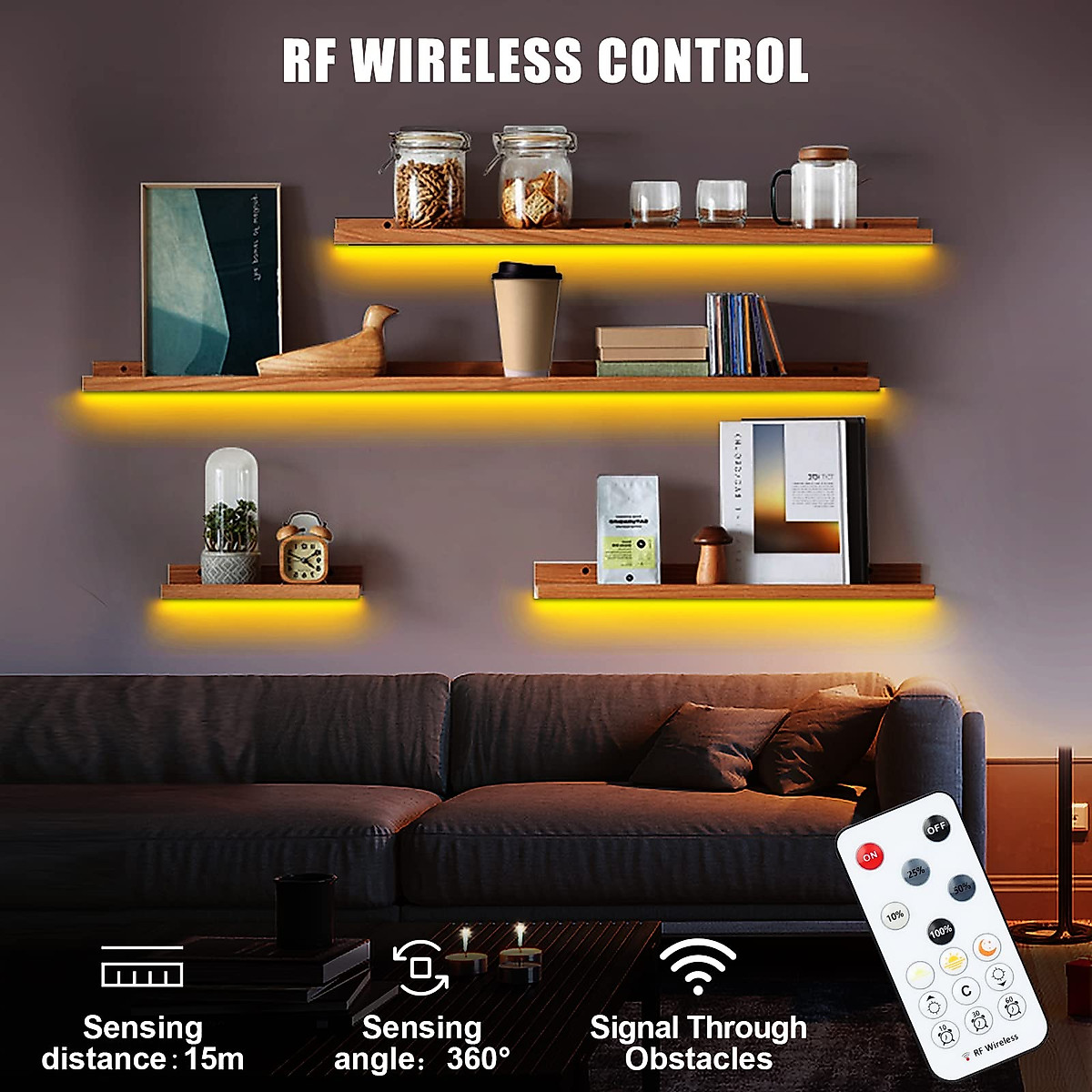 Tatazone 5V Yellow USB COB Led Strip Light with RF Remote, 4.92ft 2000K Dimmable USB Powered Amber COB Led Light Strip, Indoor COB Led Rope Light for Cabinet, TV, Kitchen, Monitor, Showcase