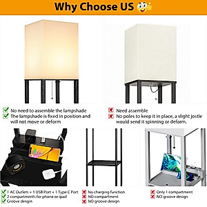 SHINE HAI 3-in-1 Shelf Floor Lamp with 2 USB Ports and 1 Power Outlet, 3-Tiered LED Shelf Floor Lamp, Shelf & Storage & LED Floor Lamp Combination, Modern Standing Light for Living Room, Bedroom