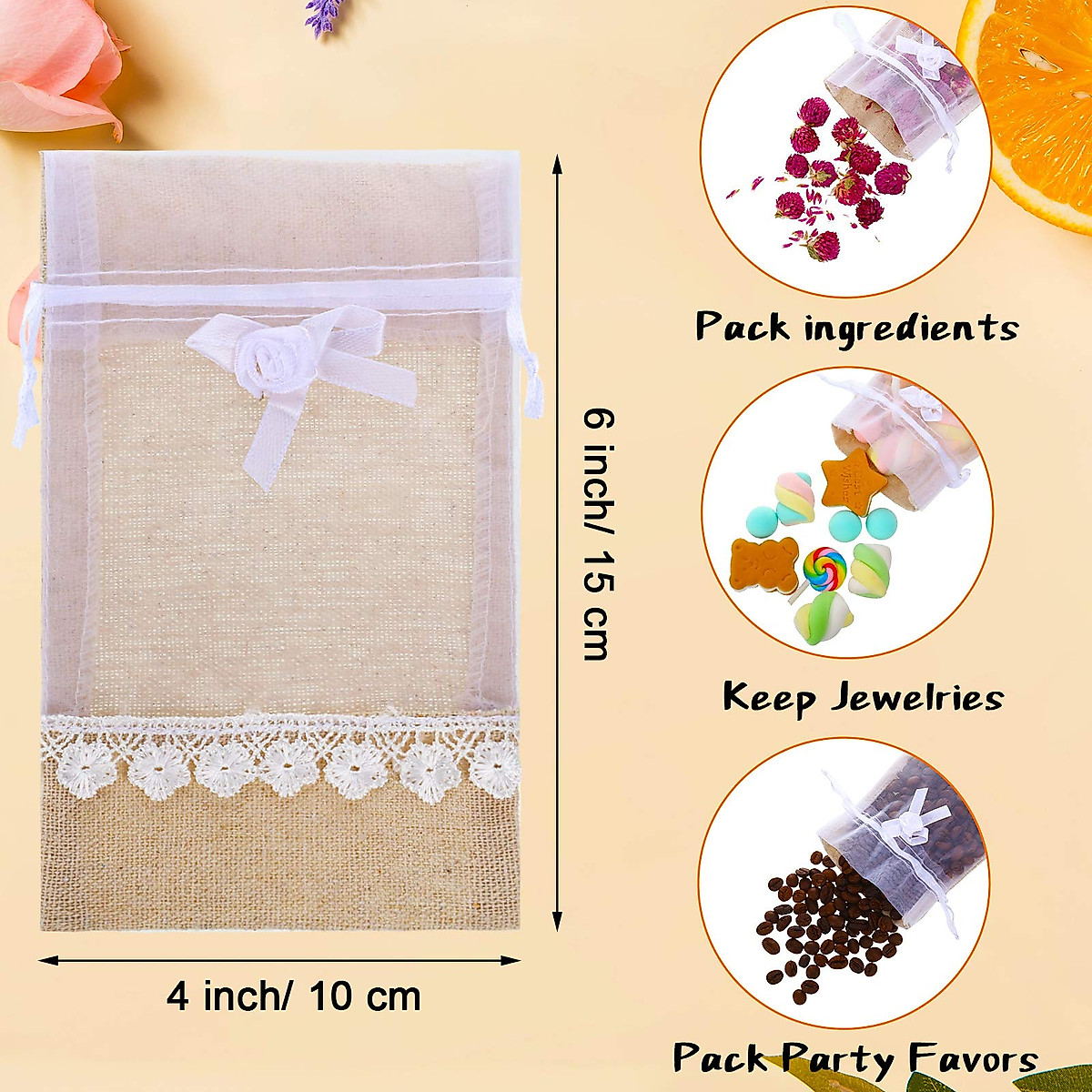 24 Pieces 4 x 6 Inch Rose Drawstring Burlap Bags Linen Organza Lace Bags Drawstring Party Favor Bags Jewelry Pouches Sacks for Wedding Party Bridal Shower DIY Craft