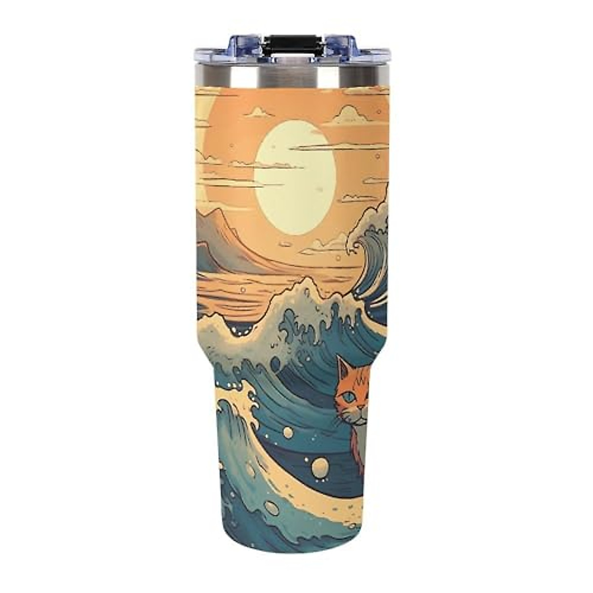 LLUTSNTH 40 Oz Vacuum Tumbler with Deep Blue Handle Leakproof Insulated Tumbler Anime Style Cat Stainless Steel Travel Mug with Lid And Straw Coffee Cup Cute Water Bottles Cup Holder Friendly