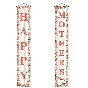 Happy Mother's Day Porch Banner I Love Mom Pink Rose Floral Holiday Party Front Door Sign Wall Hanging Banner Decoration