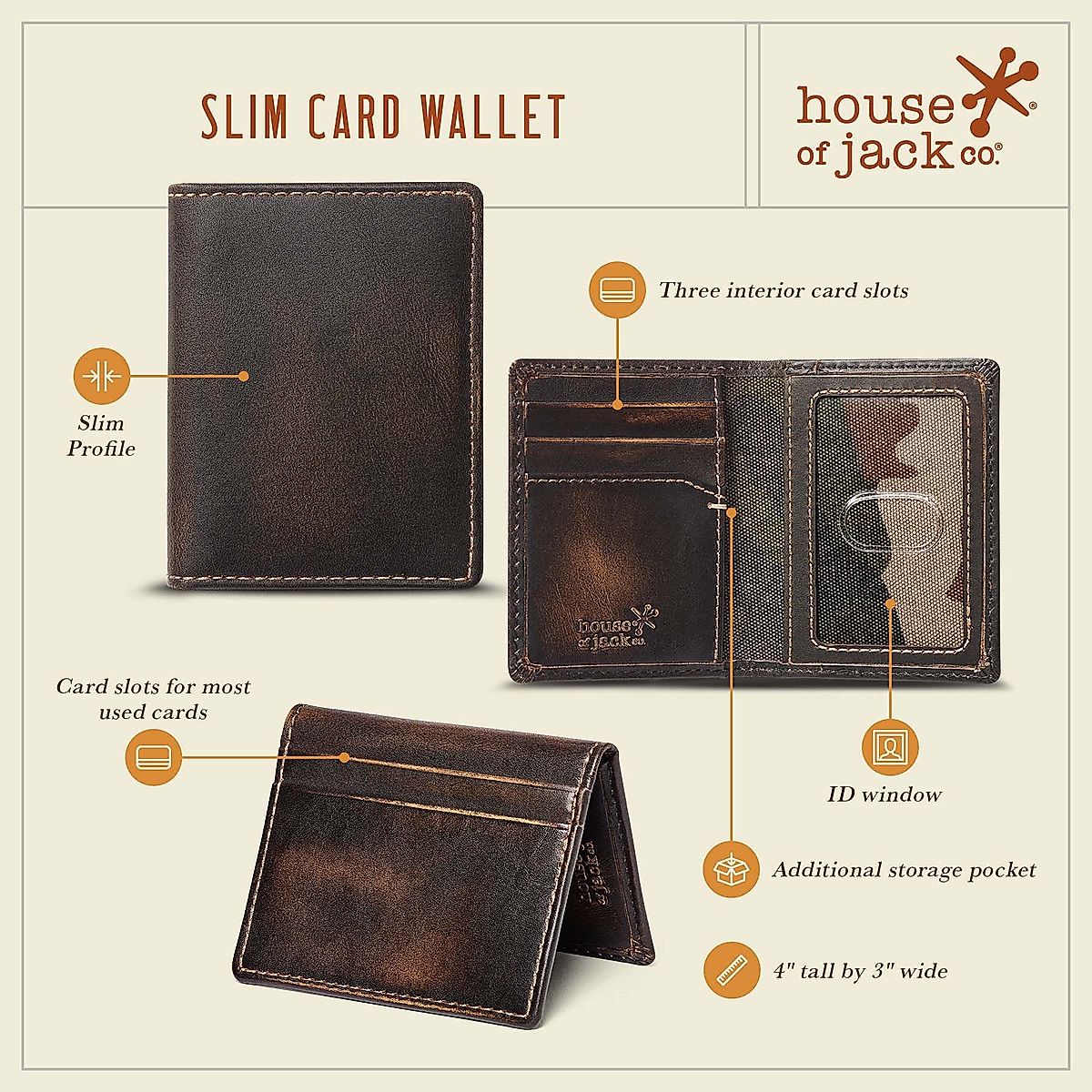 House of Jack Co. Slim Card Wallet | Bifold Credit Card Wallet For Men | Full Grain Cowhide | Minimalist Front Pocket Wallet | Mens Card Holder | Travel Wallet