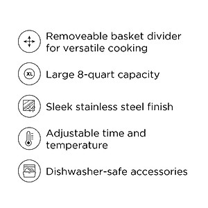 CHEFMAN 2 in 1 Max XL 8 Qt Air Fryer, Healthy Cooking, User Friendly, Basket Divider For Dual Cooking, Nonstick Stainless Steel, Digital Touch Screen with 4 Cooking Functions, BPA-Free