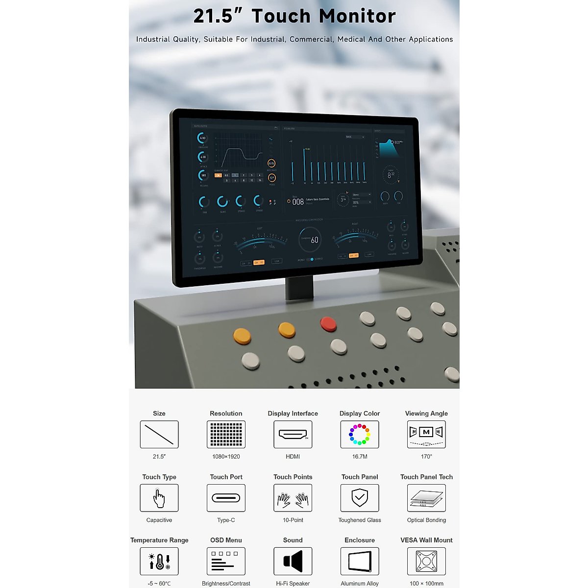 XYGStudy 21.5inch Capacitive HDMI Touch Monitor with 1080×1920 Full HD Screen Panel Hi-Fi Speaker 10-Point Touch Monitor Supports Raspberry Pi Jetson Nano PC (21.5inch FHD Monitor)