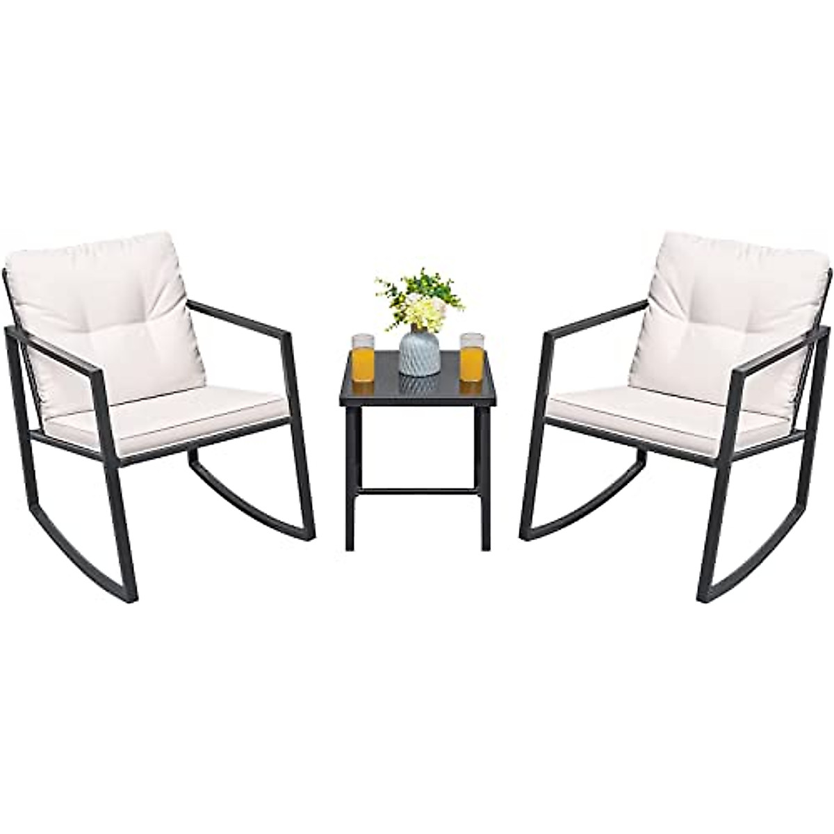 Greesum 3 Pieces Rocking Wicker Bistro Set, Patio Outdoor Furniture Conversation Sets with Porch Chairs and Glass Coffee Table, Beige