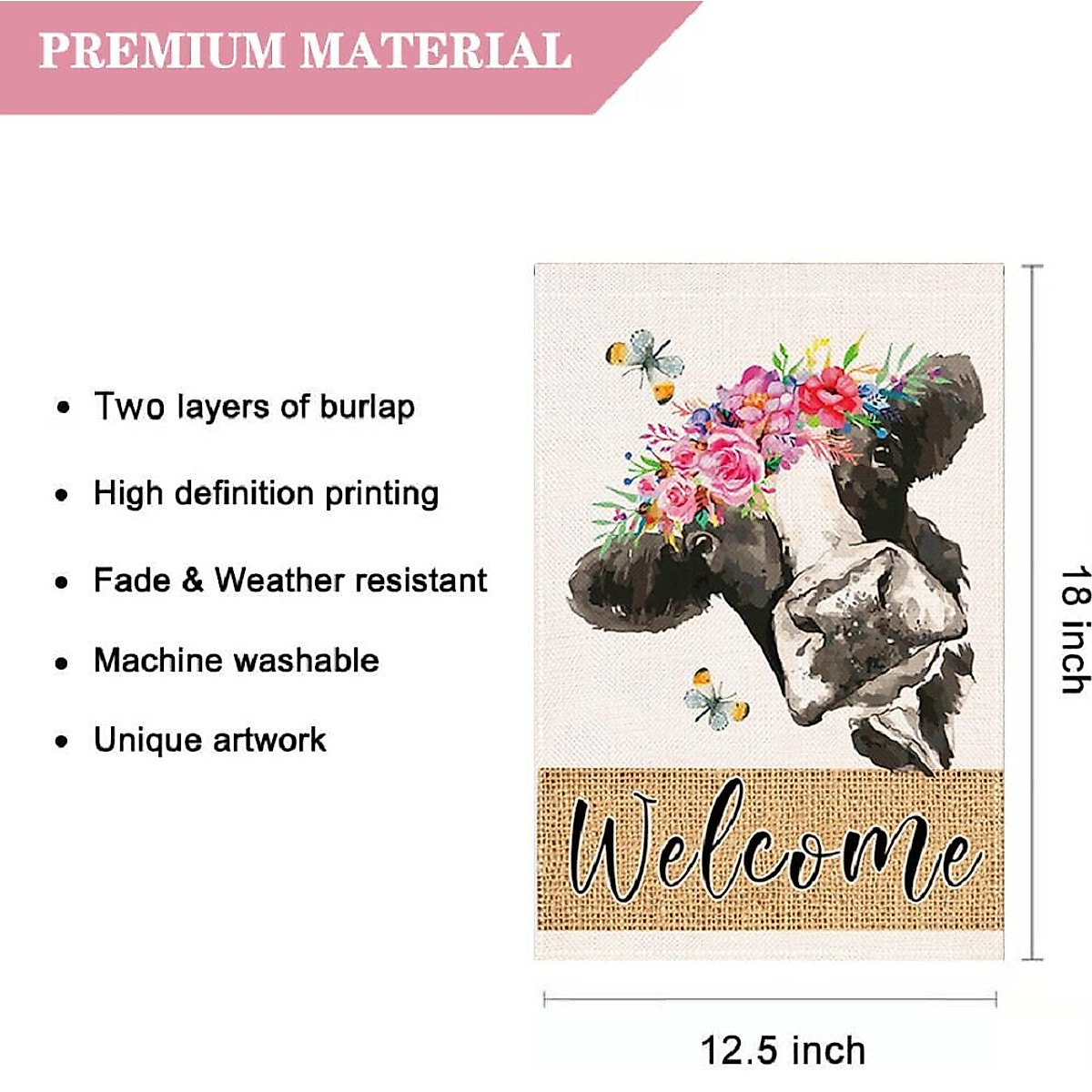 LHSION Spring Cow Garden Flag 12.5 x 18 Inch Welcome Floral Decorative Double Sided Burlap Flag For Spring Summer Farmhouse Yard Seasonal Decor