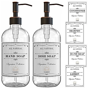 Sunrise Premium 2 Pack Clear Glass Soap Dispenser 16 OZ with Oil Rubbed Bronze Stainless Steel Pump, Hand and Dish Soap Dispenser Set for Bathroom and Kitchen Sink with 6 Waterproof Labels