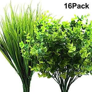 16 Pieces Outdoor Artificial Fake Plants, UV Resistant Artificial Greenery Shrubs Stems, 8 Artificial Boxwood and 8 Plastic Wheat Grass for Indoor Outdoor Home Porch Window Box Garden Decoration