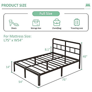 Yicensen 14 Inch Full Bed Frame with Headboard, Heavy Duty Metal Metal Full Size Platform Bed Frame No Box Spring Needed with Rounded Corner Legs, Noise Free, Easy Assembly, Black