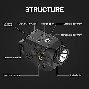 SOLOFISH 600lm Adjustable Pistol Light Laser Combo Fits for Full & Compact Rail, Shockproof Red Laser Sight and Gun Light with Strobe Function, Rechargeable (Laser Output is <5mW, Class IIIA)