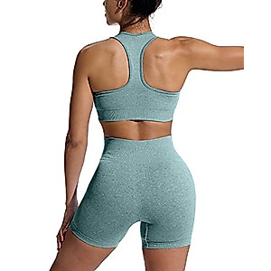 OYS Workout Sets for Women 2 Piece Outfits Seamless High Waisted Yoga Shorts Running Sports Bra Clothes Green
