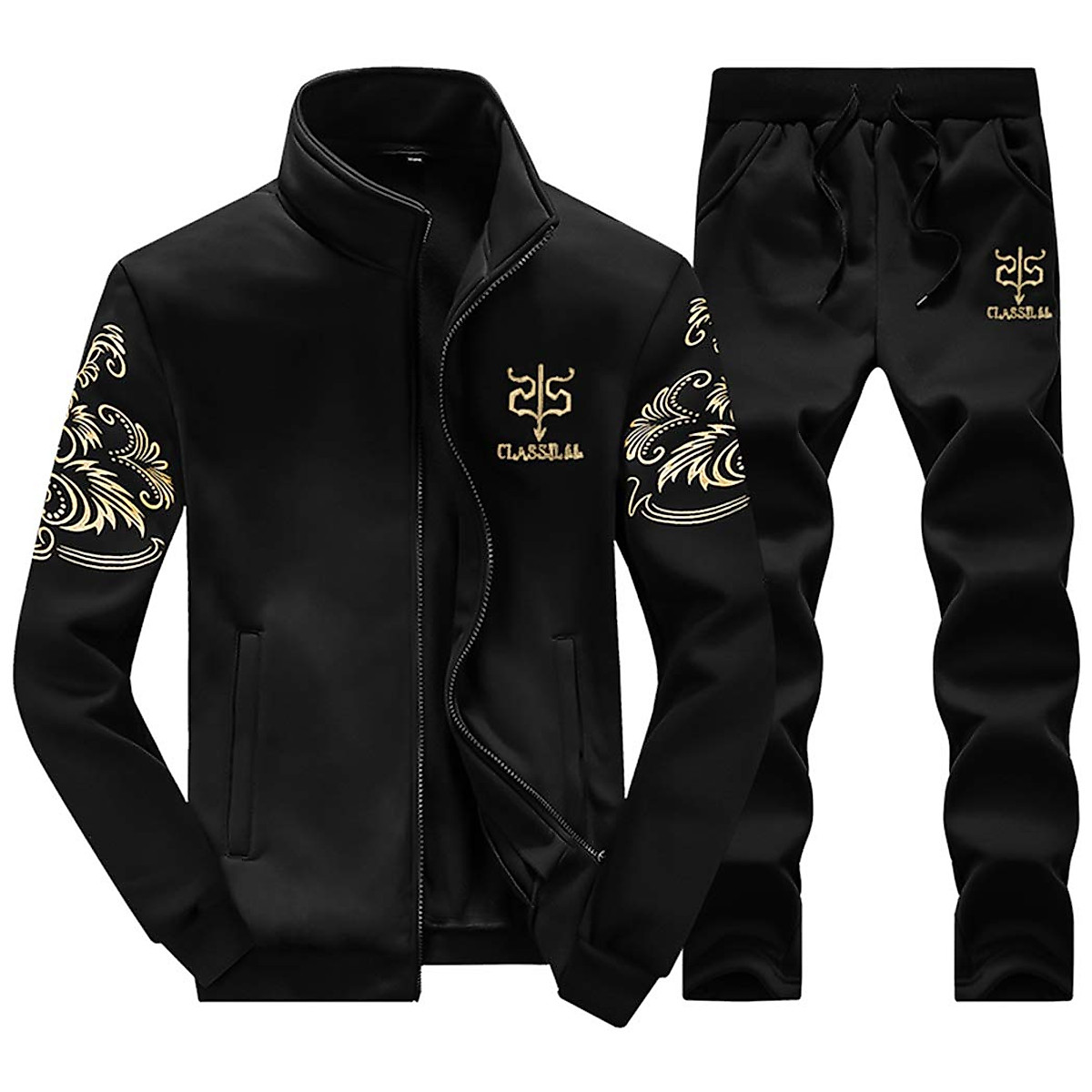 November's Chopin Mens Winter Warm-up Thin Fleece Tracksuit Athletic Running Jacket & Pants Set 2 Piece Jogging Sweat Suit Black 4XL