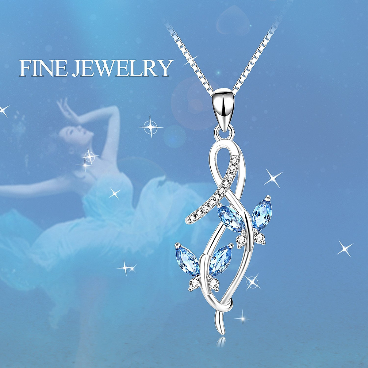 AOBOCO Sterling Silver Infinity Butterfly Pendant Necklace with Simulated Aquamarine Blue Crystals, Anniversary Birthday Jewelry Gifts for Women