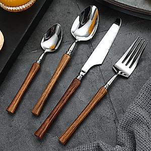 Aimilan 20 Piece Silverware Set for 4, 18/10 Stainless Steel Rosewood Wooden Handle Flatware Cutlery Set for Home Kitchen Restaurant, Mirror Finish, Dishwasher Safe (20-Piece for 4)