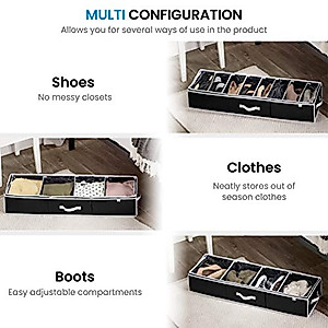 ZOBER Under Bed Shoe Storage Organizer (8 Pairs) Under Bed Storage for Shoes, Customizable Slots for Boots, Clothes Blanket/Comforter Underbed Shoe Storage Containers with Handles (Black)