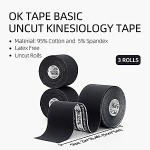 OK TAPE Basic Kinesiology Tape (3 Pack), Original Cotton Athletic Tape for Support Muscle Joint Knee, Sports Waterproof Tape Uncut Strips Latex Free, Hypoallergenic, Pain Relief, 2in×16.4ft - Black