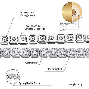 JINAO Silver Tennis Bracelet for Men Women 1 Row 10MM 14k Gold Plated Iced Out Round Cubic Zirconia Cluster Square Halo Wrist Chain Jumbo Bracelet (Silver, 7.0)