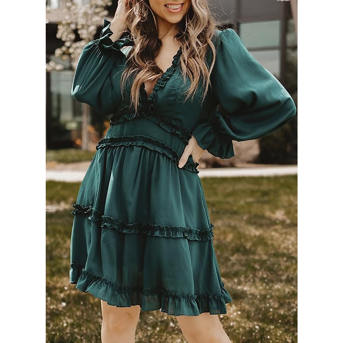 Dokotoo Womens Cute Summer Spring Casual Sexy Deep V Neck Ruffle Chiffon Lantern Long Sleeve Elegant Boho Hawaiian Flowy Mini Short Skirt Dresses for Women Party Party 2024 Green Small