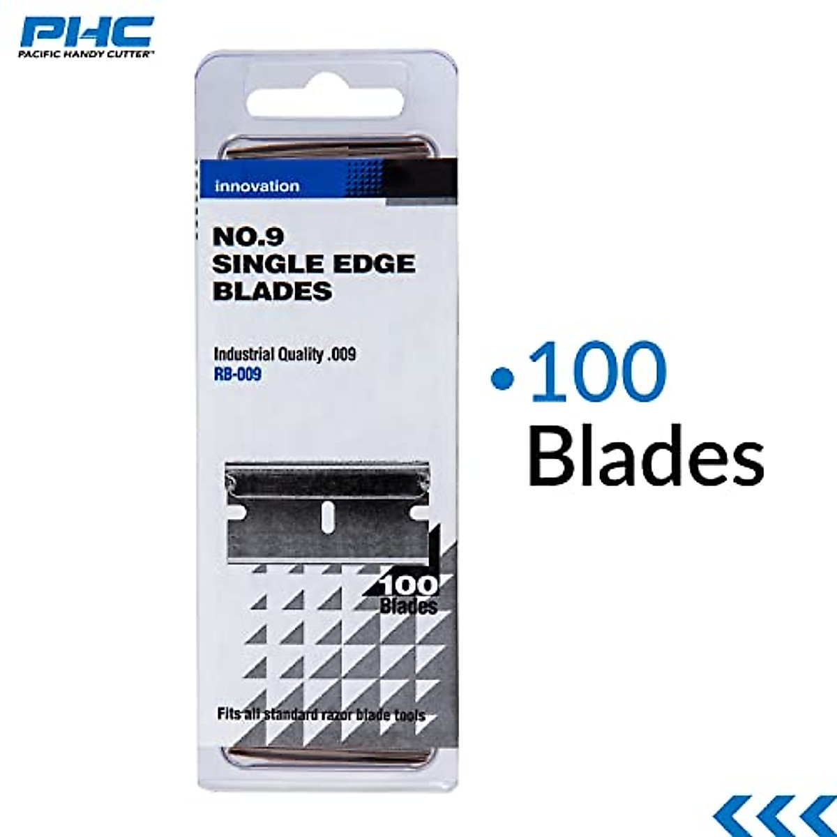 Pacific Handy Cutter Stainless Steel Replaceable Blades for Box Cutters, Standard Single-Edged Industrial Razor Blades, Ultra Sharp, Single Edge, Box Of 100, RB009 (New B15101-9)