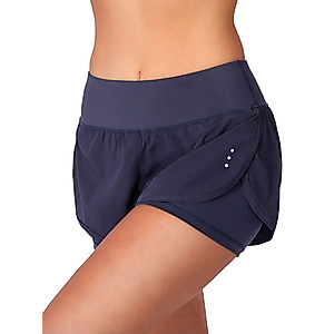 Women's 2 in 1 Running Shorts High Waisted Spandex Shorts Gym Yoga Workout Athletic Shorts for Women with Zipper Pockets Navy Blue M