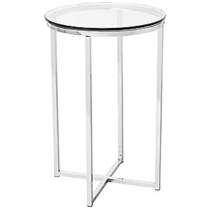Walker Edison Cora Modern Glass Top Round Accent Table with X Base, 16 Inch, Glass and Chrome