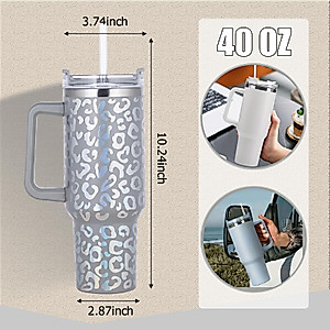 Xereizo 40 oz Tumbler with Handle and Straw, Leak Proof Stainless Steel Insulated Travel Coffee Tumbler Cups Lid and Straw, Iced for 40 Hours Cupholder Friendly Water Bottle Mug, Leopard Print Grey