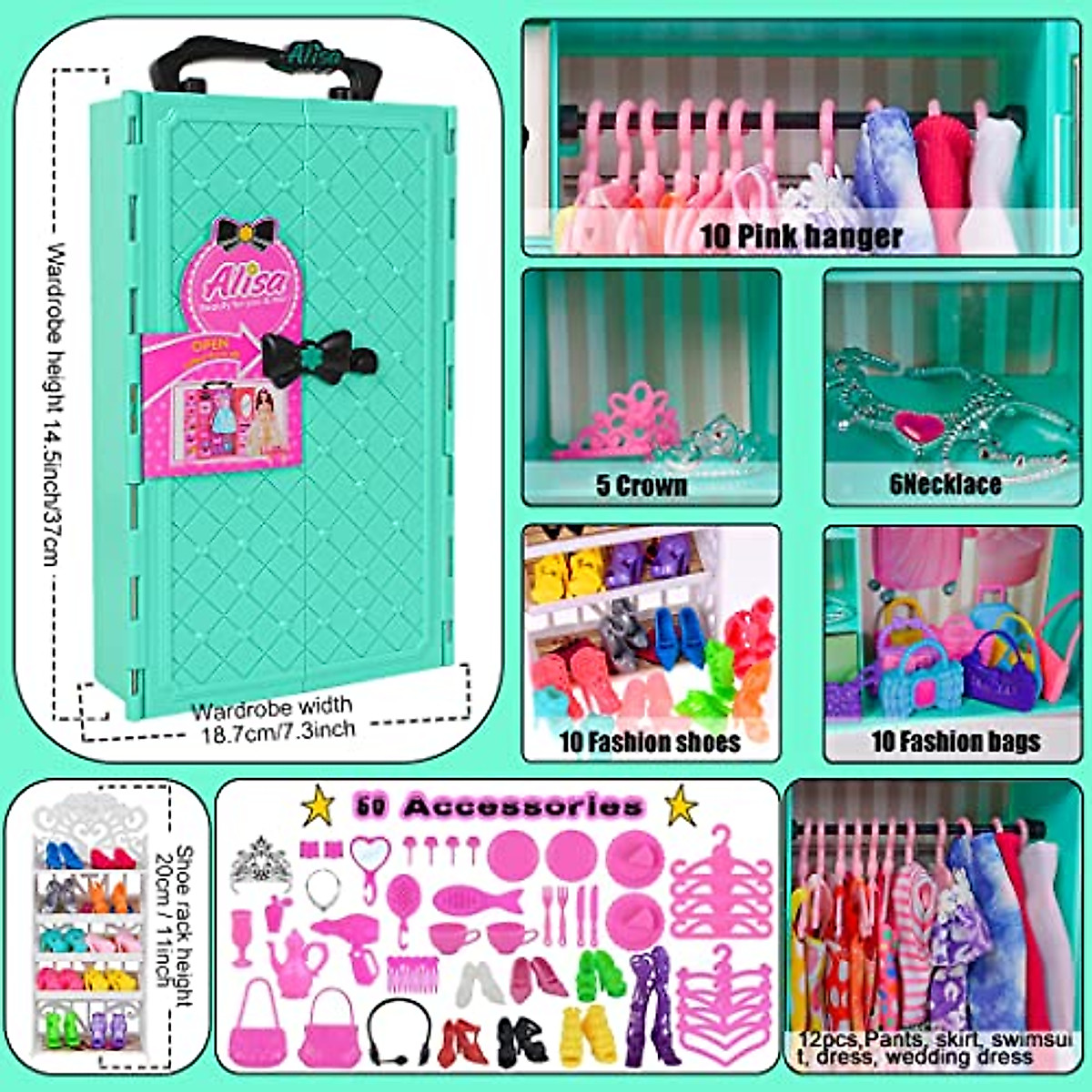 Ebuddy Fashion Lot 105 Items 11.5 Inch Girl Doll Dream Closet Wardrobe with Clothes and Accessories Including Wardrobe Shoes Rack Dress Shoes Hangers Necklace and Other Accessories(No Doll)
