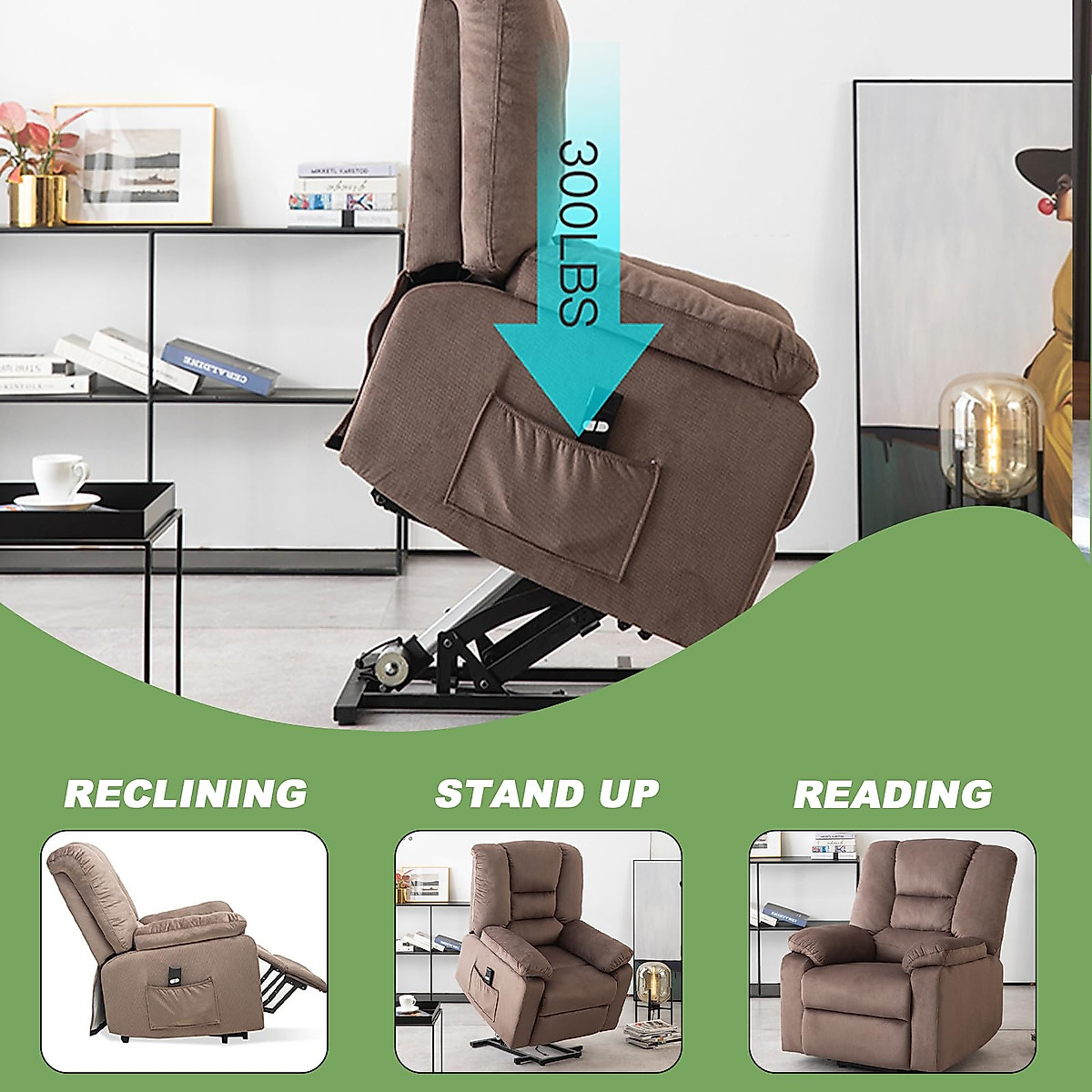 Altillo Power Lift Recliner Chair for Elderly, Electric Recliner Relax Sofa Chair with Massage & Heated, Living Room Chairs with Side Pocket and Remote Control (Brown)