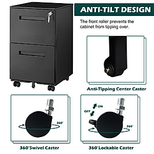 HOMEER 2 Drawer Mobile File Cabinet with Lock & Wheel, Under Desk Rolling Vertical Filing Cabinet, Anti-tilt Design Home & Office Metal Storage Drawers Filing Cabinet for Legal, Letter, A4 File, Black