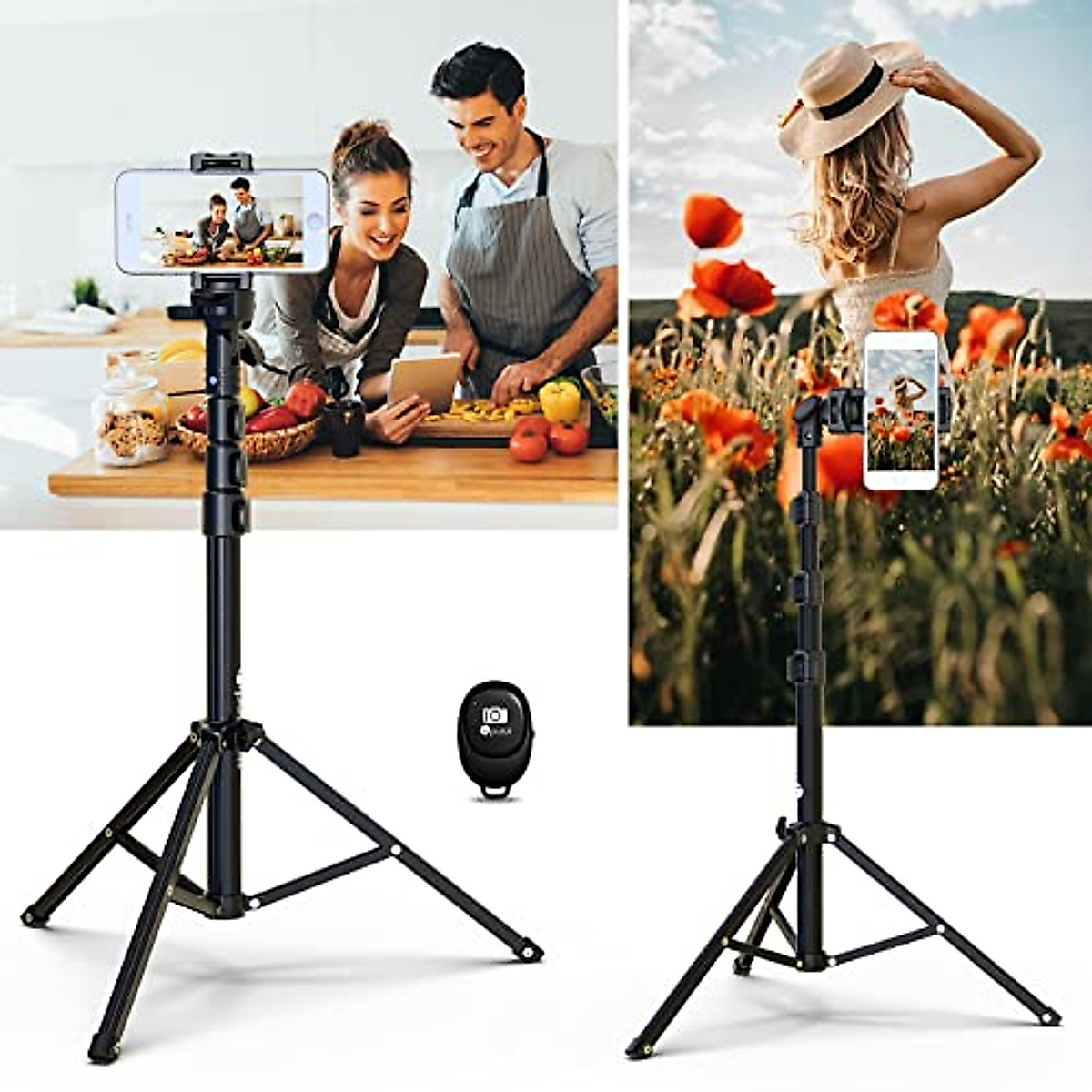 Hpusn Phone Tripod Stand: 48 inches Extendable Cell Phone Tripod, Selfie Stick for iPhone & Android Phone, Heavy Duty Aluminum & Lightweight