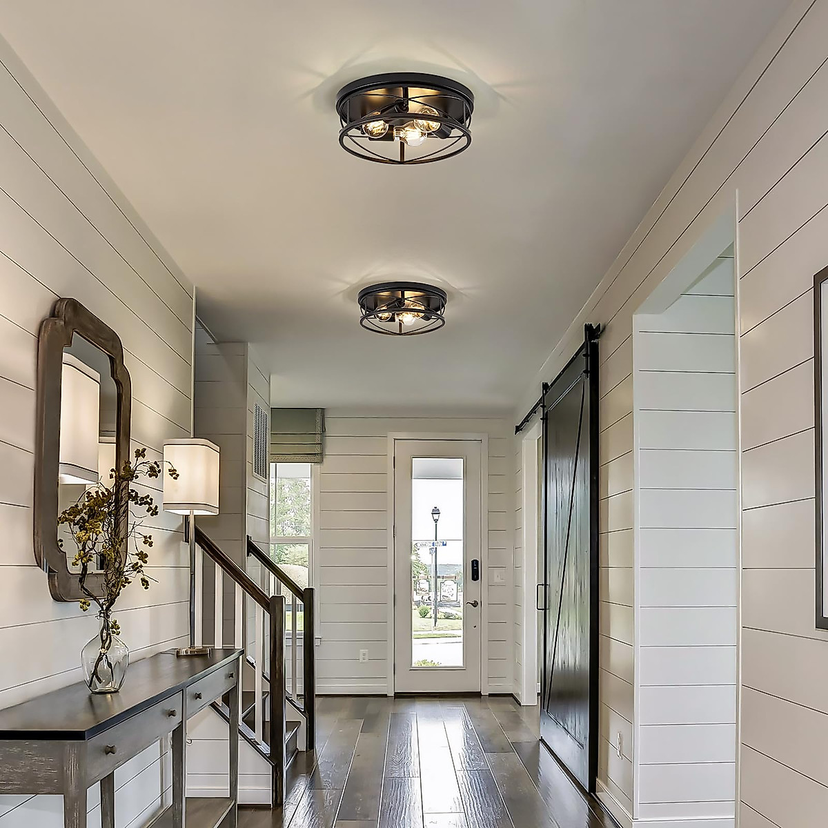 VIOLOEMI Farmhouse Light Fixtures, Black Round Metal Flush Mount Ceiling Light, 3-Light Cage Ceiling Lamp for Kitchen, Foyer, Bedroom, Hallway（Bulbs Not Included）