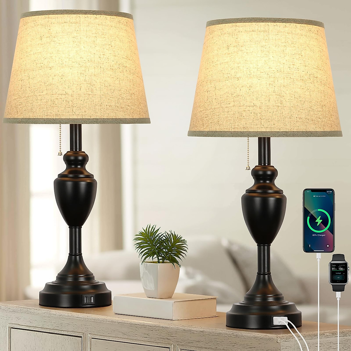 Sucolite 24" Tall Table Lamps with 2 USB Charging Ports, Farmhouse Rustic Bedside Nightstand Lamps for Bedrooms Set of 2, End Table Lamps Black for Living Room Office Dorm Reading
