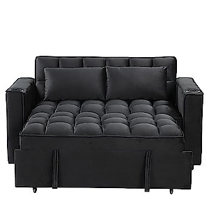 Eafurn 4 in 1 Convertible Sleeper Sofa Bed, Modern Velvet Loveseat w/Pull Out Couch, 55.3" Love Seat Lounge Sofa & Couch w/Reclining Backrest, Cup Holders and USB Port,RV Furniture for Small Place