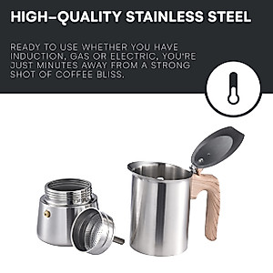 Bruntmor Stovetop Espresso Maker - Italian Coffee Pot, Stainless Steel - 5.51" D x 3.85" W x 7.48" H - For Stove Top, Induction, Gas, Electric - Thermal Moka, Cappuccino Pots