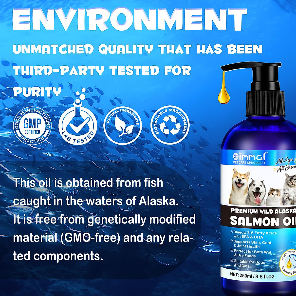 RTBYUE Omega 3 Fish Oil for Dogs -8.8 FL.OZ Salmon Oil for Dogs & Cats - Dog Fish Oil Supplement - Omega 3 Fish Oil for Pet Skin and Coat, Shedding, EPA + DHA, golden