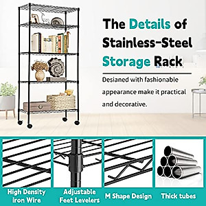 BLKMTY 5 Tier Wire Shelving Unit Height Adjustable Storage Shelves Compact Metal Shelves with Wheels for Pantry Garage Organizer Kitchen NSF Metal Storage Rack 30"x14"x60", Black