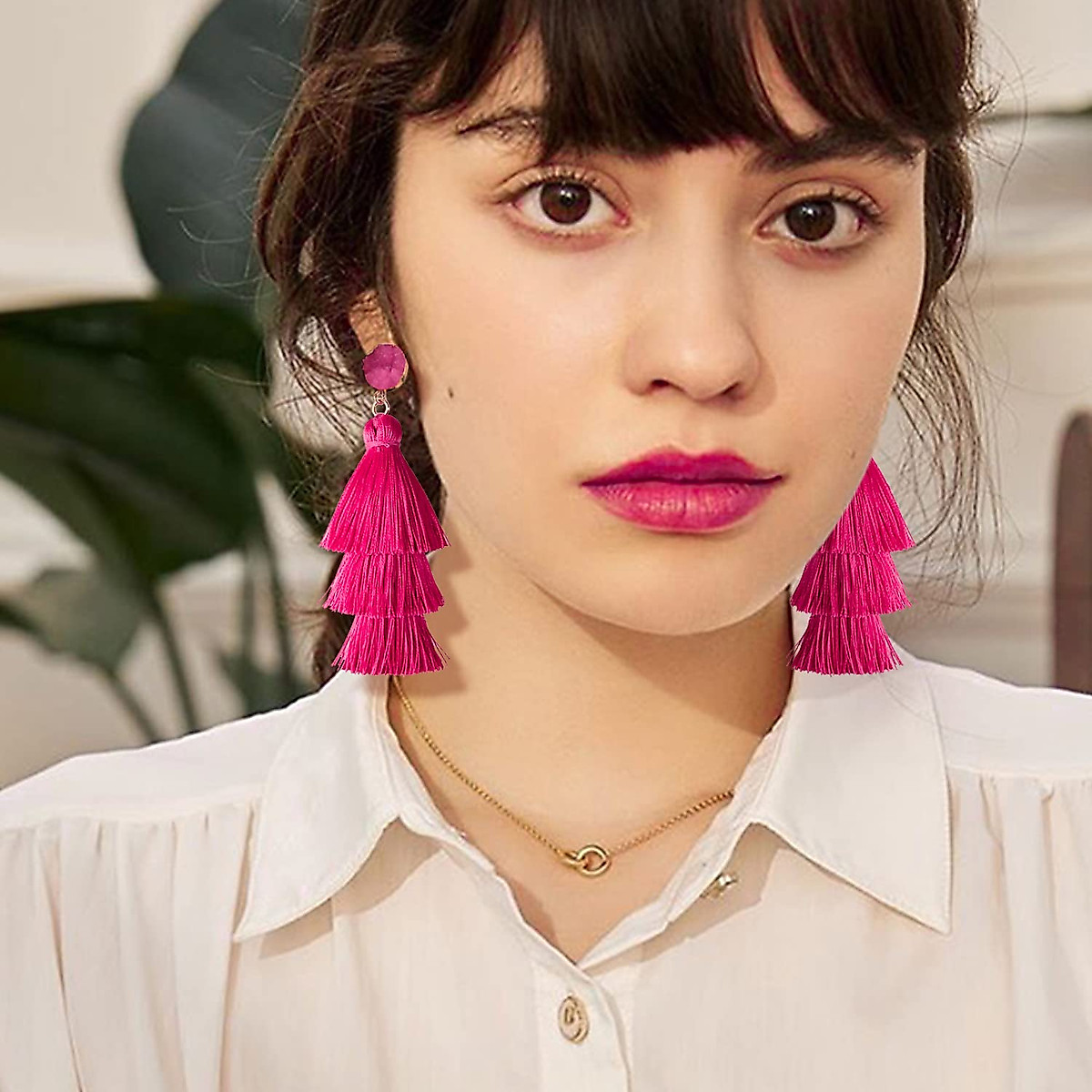 Hot Pink Layered Tassel Bohemian Drop Dangle Earrings, Handmade Druzy Stud Holiday Festive Costume Earrings Gift for Women Mother's Day (Three-Shocking Pink)