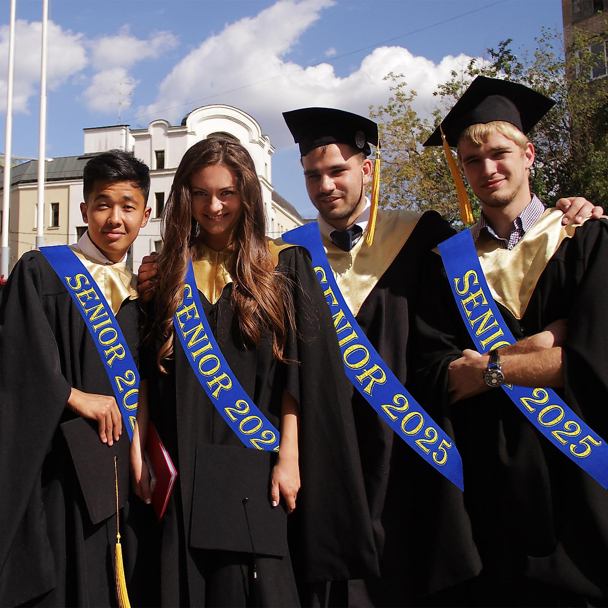 8 Pack Senior 2025 Sash, Gold Glitter Royal Blue Satin Finally Graduated Senior Cheerleader Sashes for Class of 2025 Graduation Party Supplies