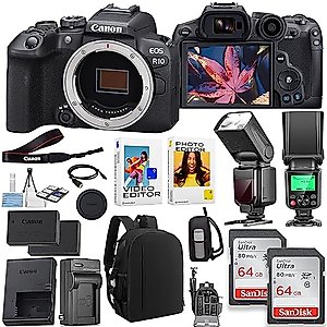 Canon EOS R10 Mirrorless Camera (Body Only) + TTL Flash + 2pc 64GB Memory Cards + Backpack Camera Case & More (Renewed)